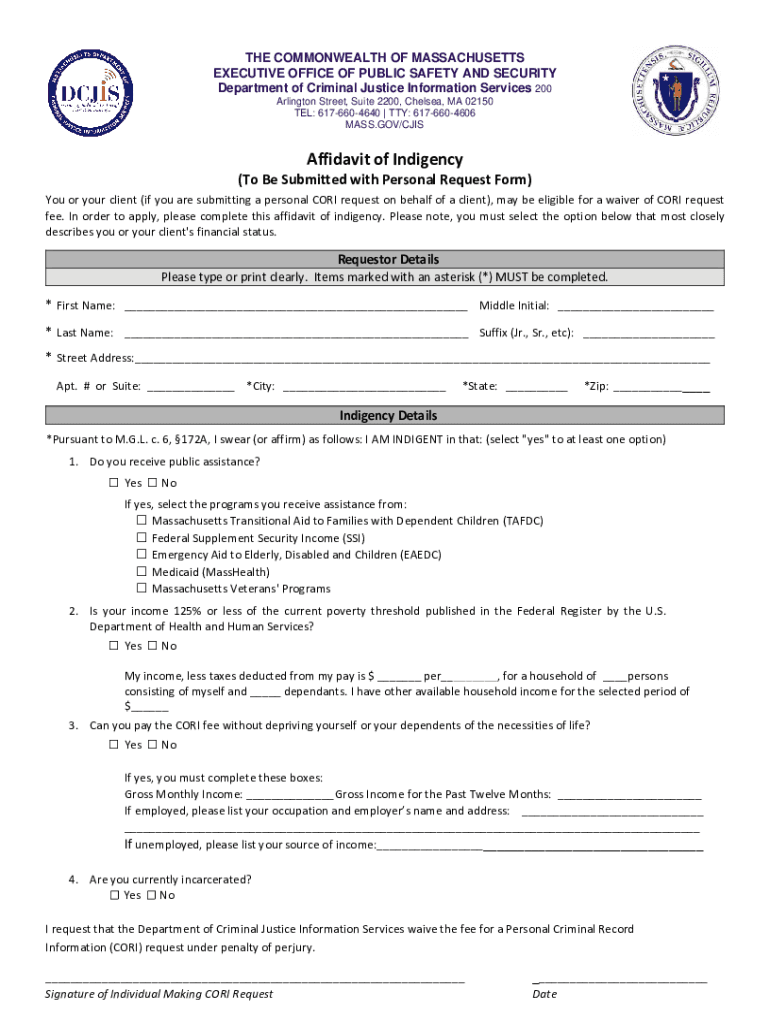 Fillable Online Download Massachusetts Affidavit of Indigency for Free ...