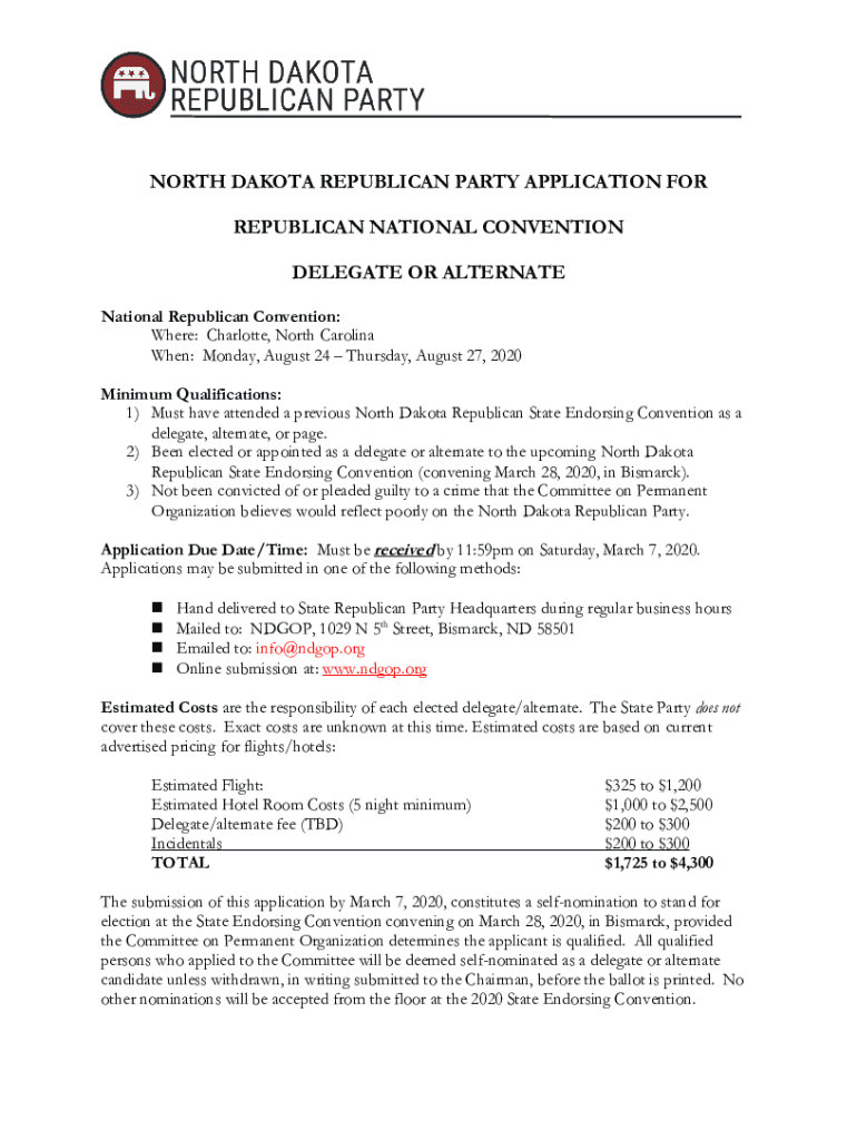 Fillable Online NORTH DAKOTA REPUBLICAN PARTY APPLICATION FOR ...