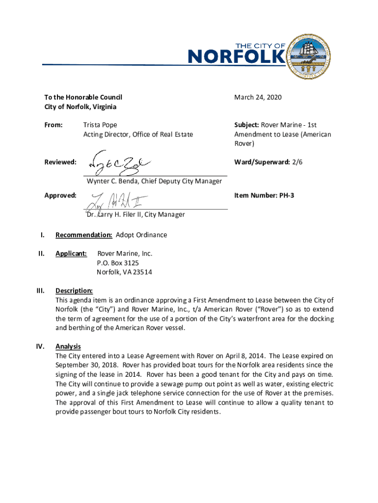 Fillable Online Ordinance 1564 - Rover Marine - 1st Amendment to Lease ...