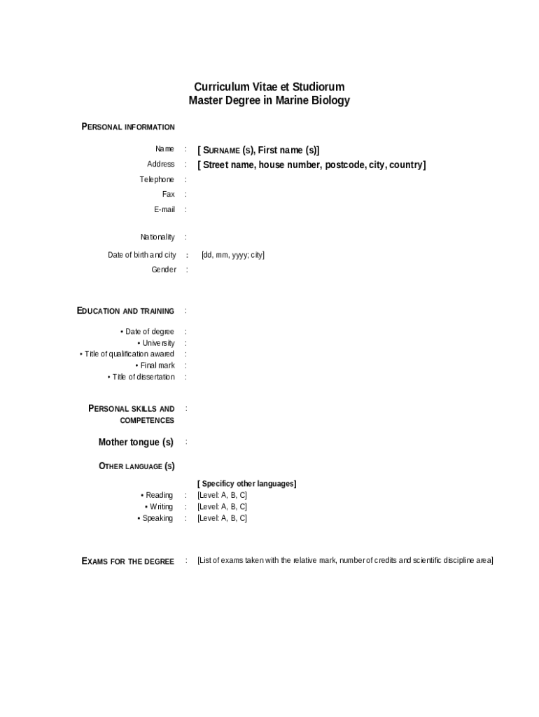 Curriculum Vitae et Studiorum Master Degree in Marine Biology Doc ...