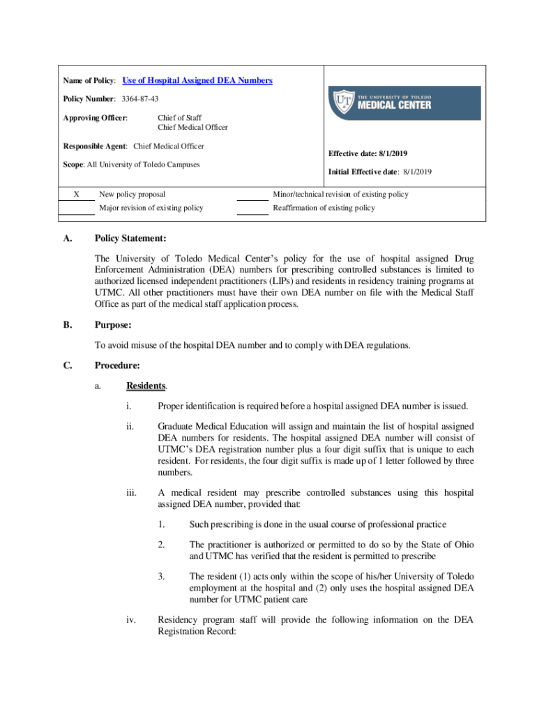Fillable Online 3364-87-43 Use of Hospital Assigned DEA Numbers - The ...
