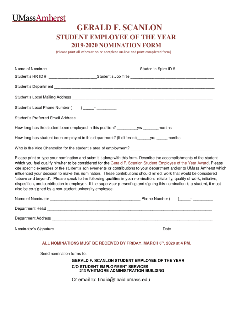 Fillable Online gerald f. scanlon student employee of the year award ...
