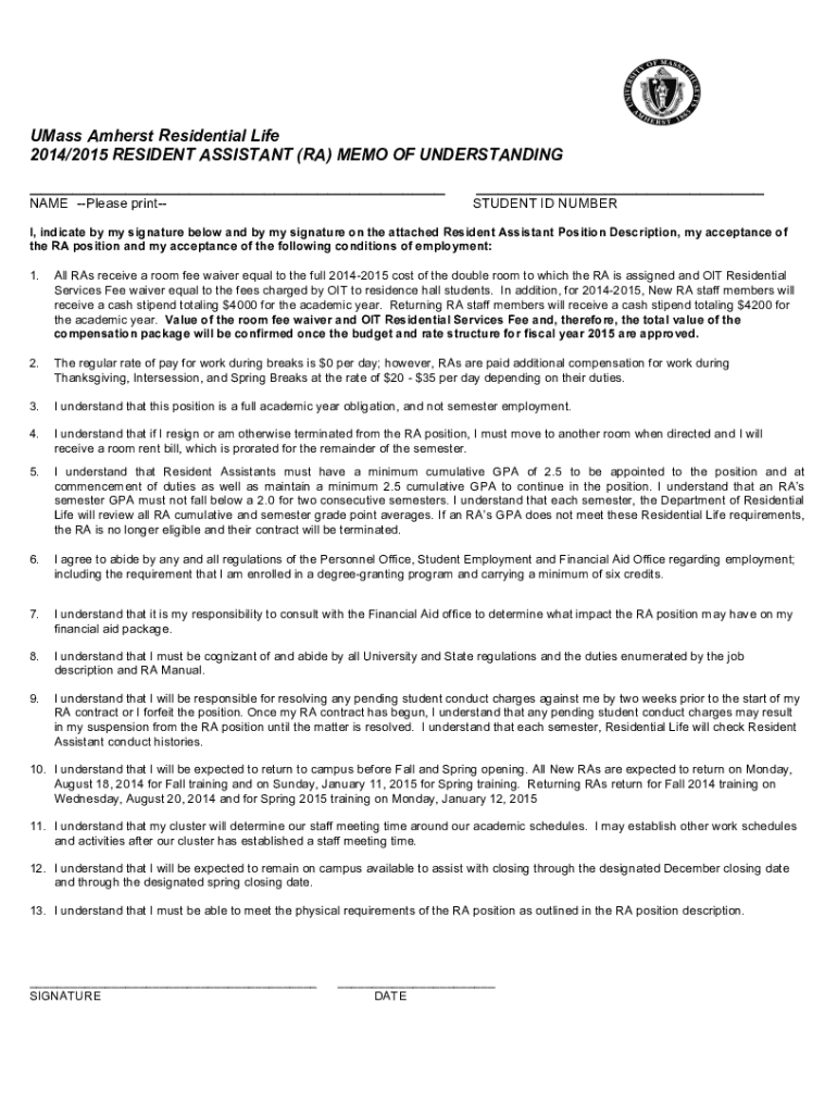 Fillable Online UMass Amherst Residential Life Fax Email Print - pdfFiller