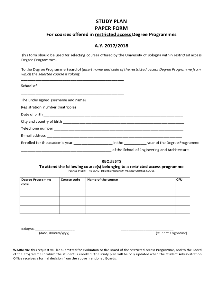Fillable Online STUDY PLAN PAPER FORM Fax Email Print - pdfFiller