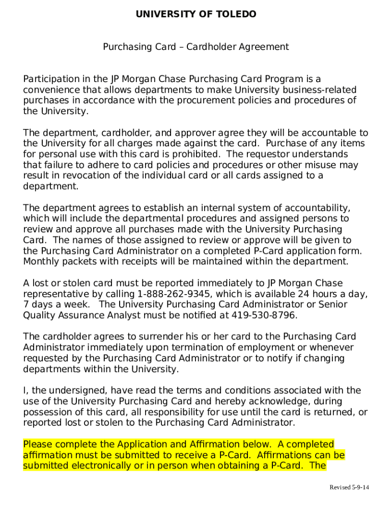 Purchasing Card - Cardholder Agreement Doc Template | pdfFiller