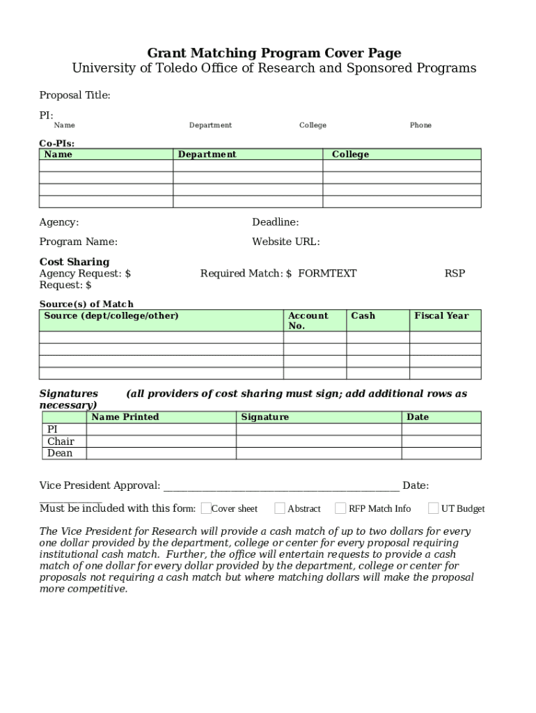 Grant Matching Program Cover Page - University of Toledo Doc Template | pdfFiller