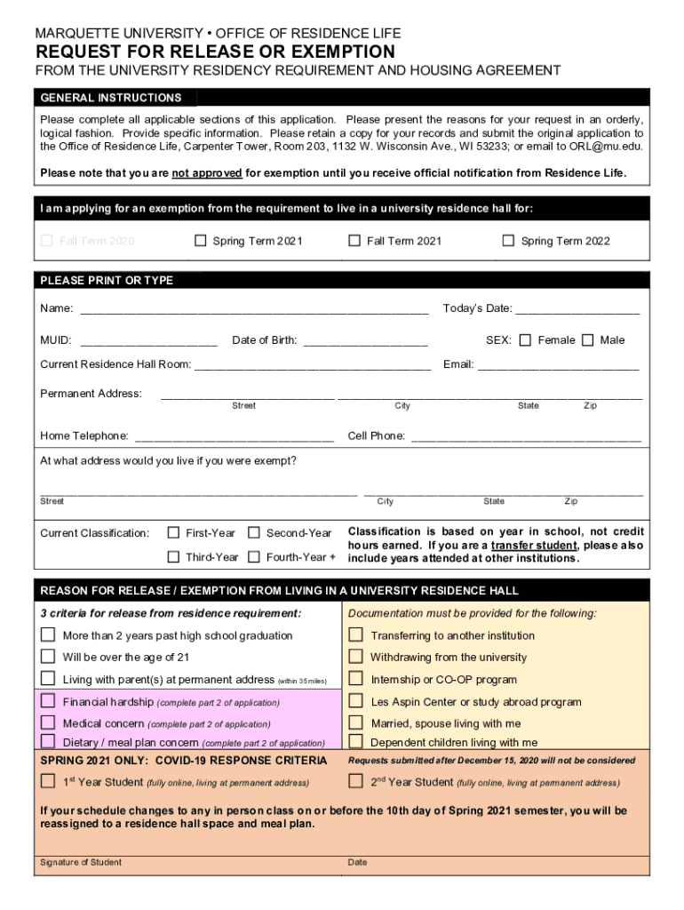 Eku Housing Exemption Form - Fill Online, Printable, Fillable, Blank | pdfFiller