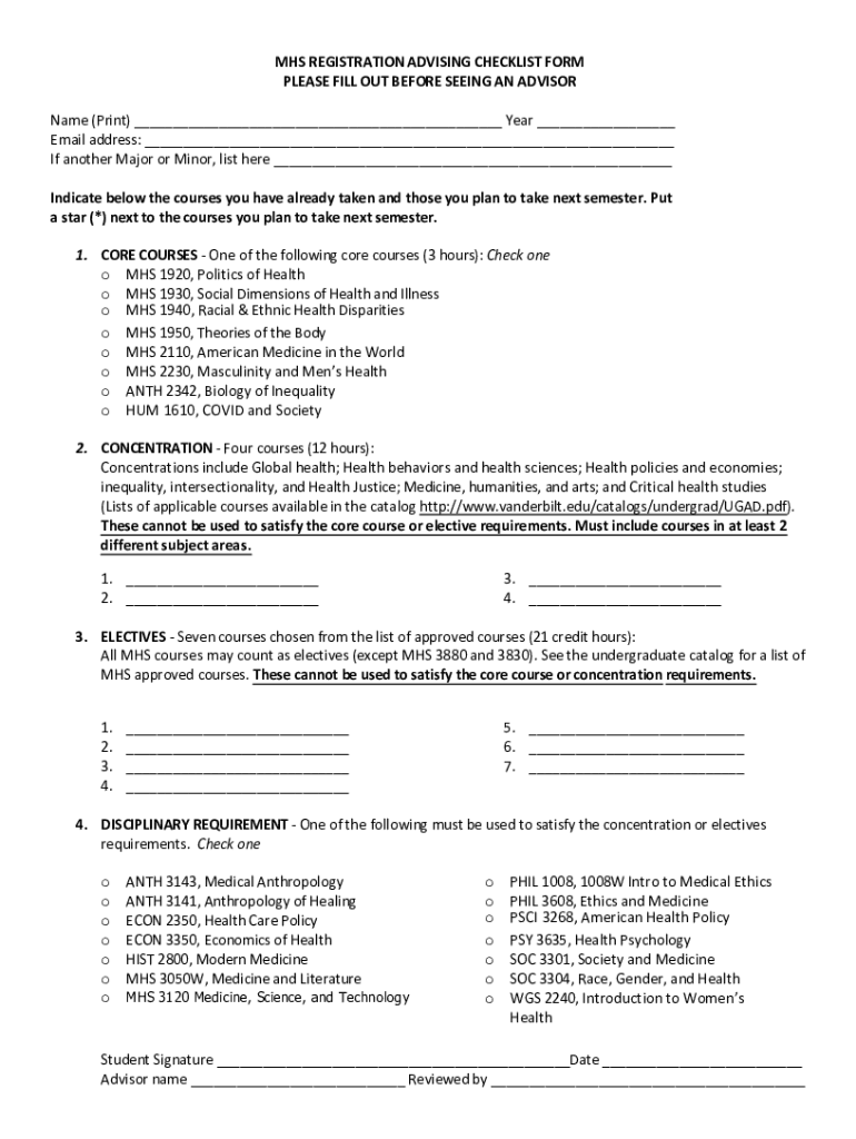 Fillable Online MHS MINOR ADVISING CHECKLIST FORM PLEASE FILL OUT ...