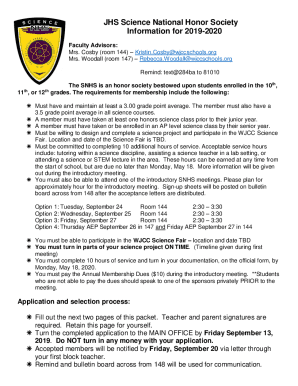 Fillable Online JHS Science National Honor Society Information for 2019 ...
