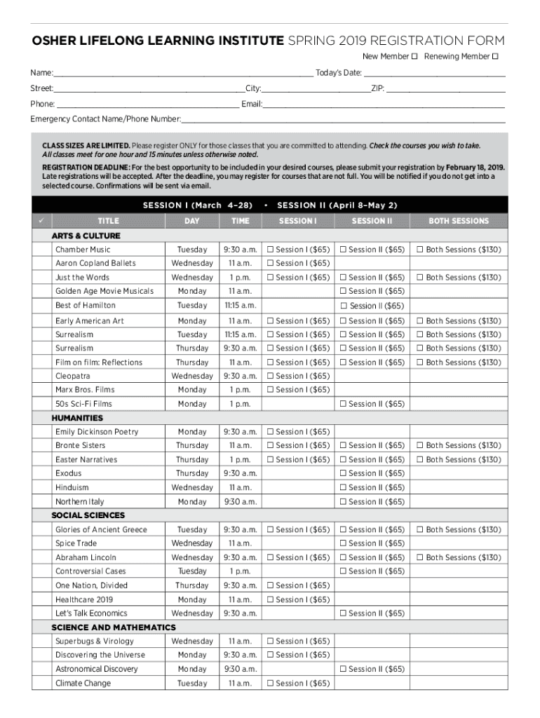 Fillable Online osher lifelong learning institute spring 2019 ...