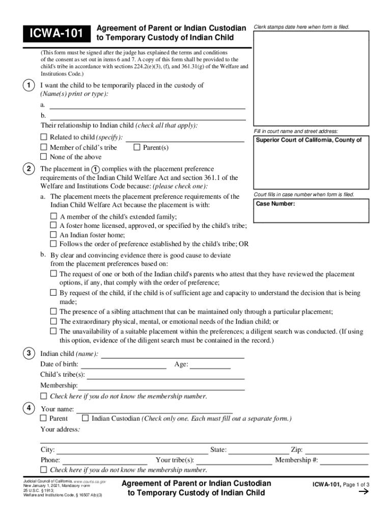 Fillable Online ICWA-101 Agreement of Parent or Indian Custodian to ...