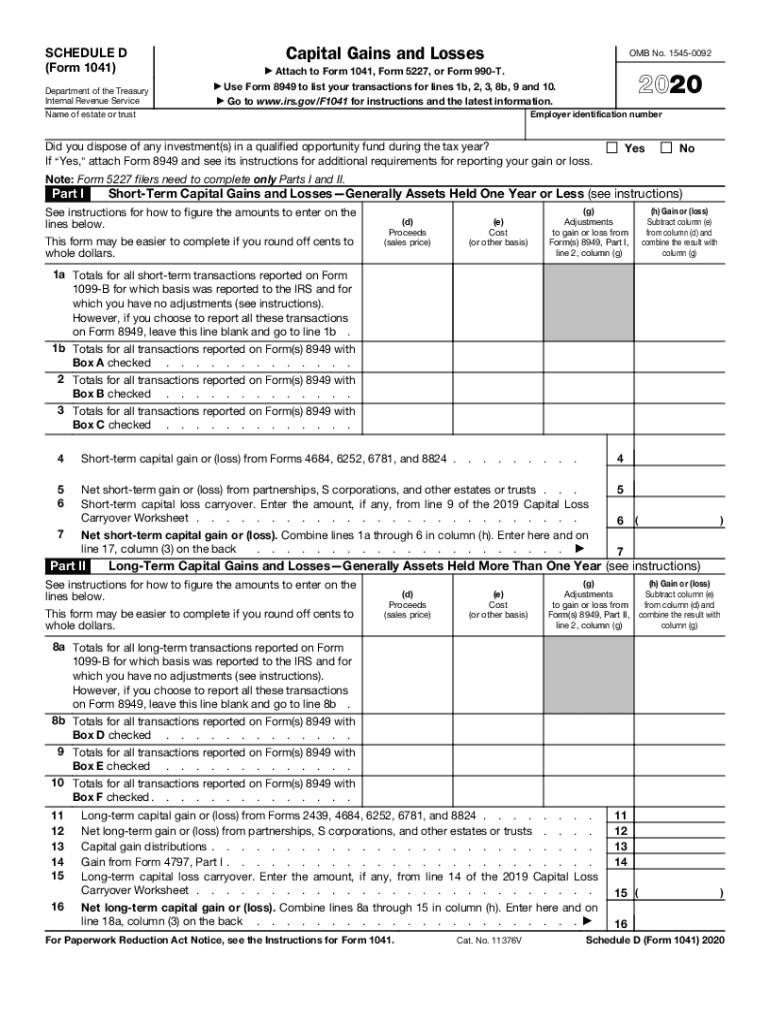 2020 Form IRS 1041 Schedule D Fill Online Printable Fillable Blank PdfFiller