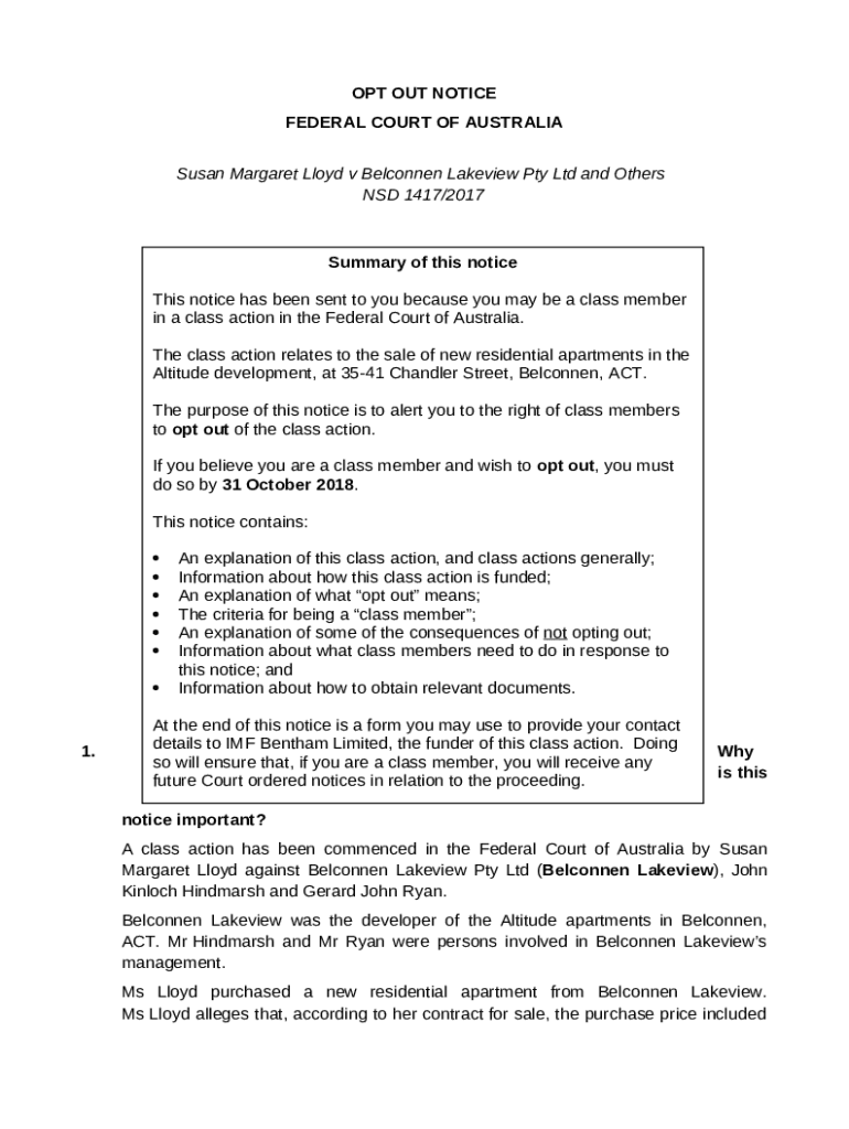 Sample Opt Out Notice - fedcourt.gov.au Doc Template | pdfFiller