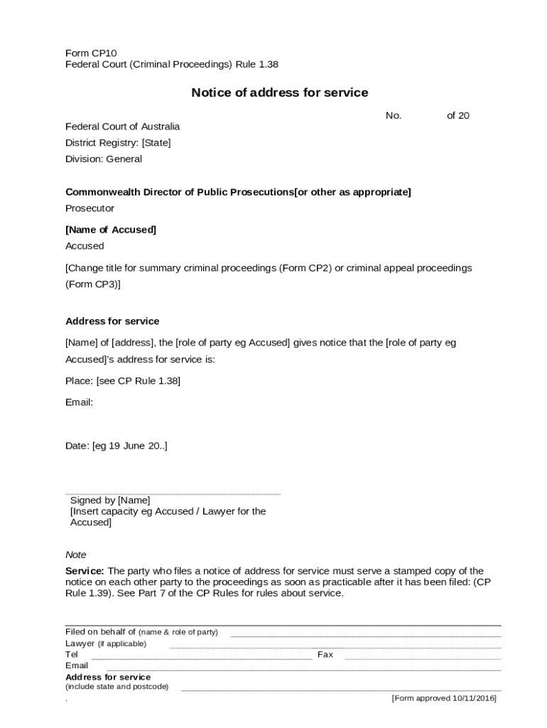 CP10 - Notice of address for service Doc Template | pdfFiller