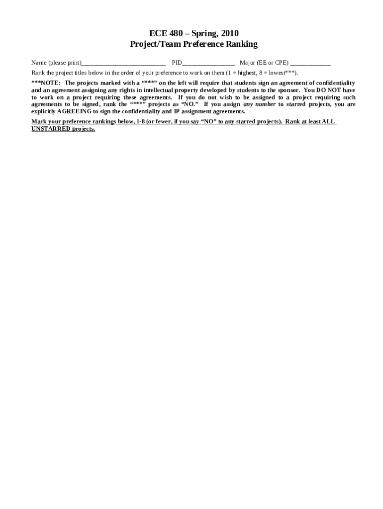Project/Team Preference Ranking Doc Template | pdfFiller