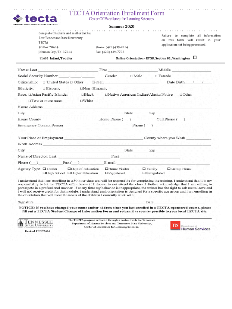 Fillable Online TECTA Orientation Enrollment Form - East Tennessee State ... Fax Email Print ...