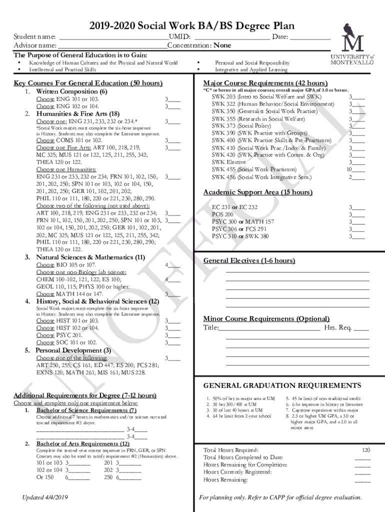 Fillable Online 2019-2020 Social Work BA/BS Degree Plan - montevallo ...