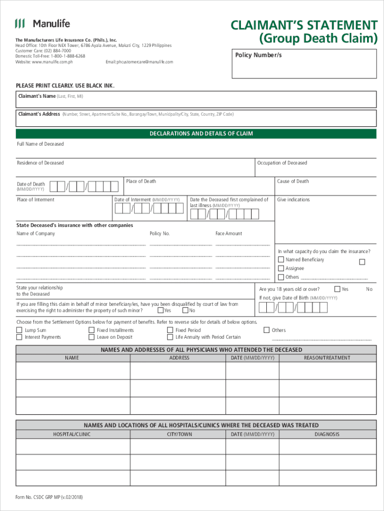 Manulife Group Death Claim Form - Blank Fillable Template | Fill Out ...
