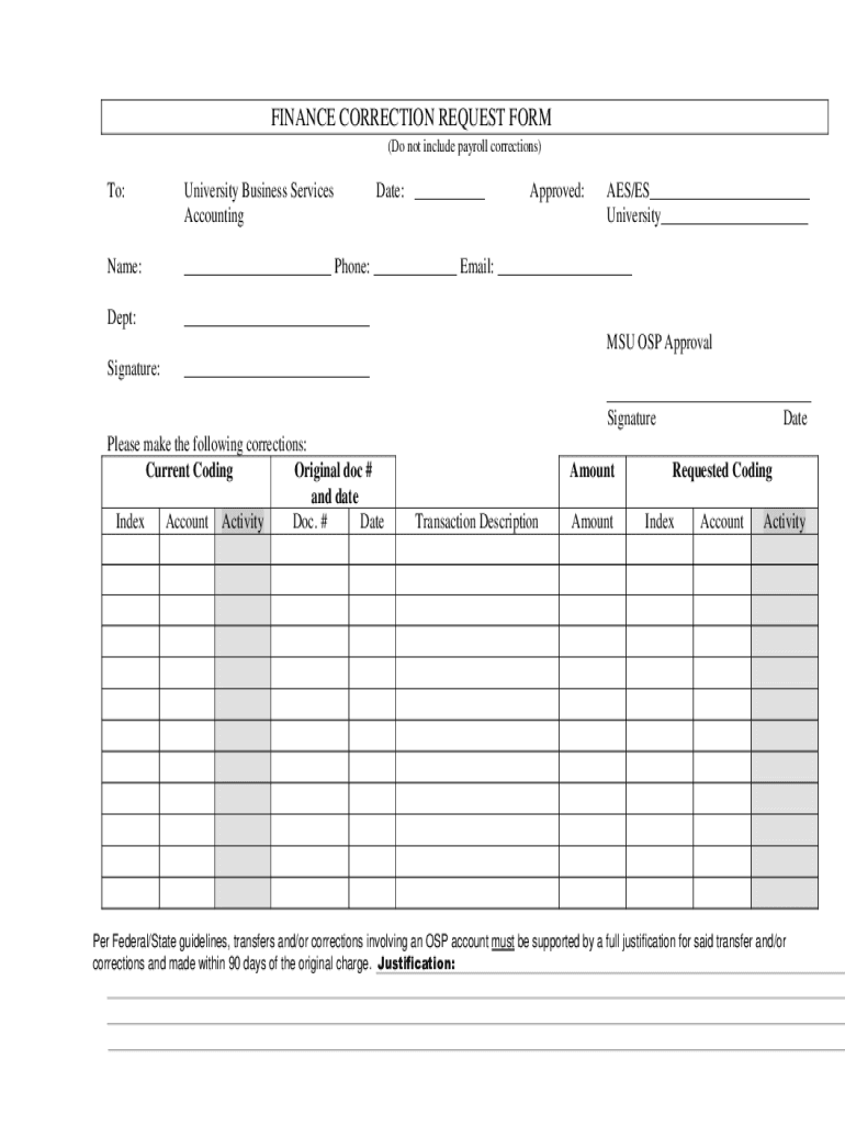 Fillable Online FINANCE CORRECTION REQUEST FORM Fax Email Print - pdfFiller