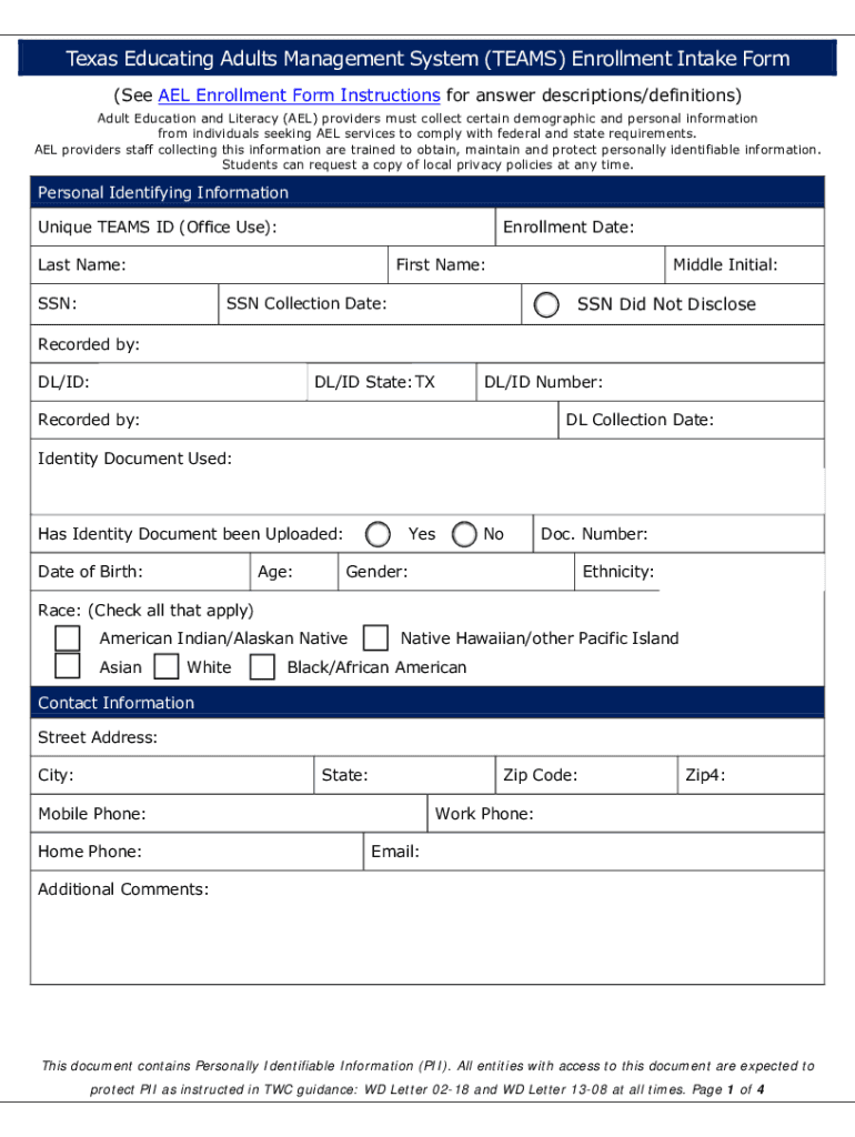 Fillable Online TEAMS Enrollment Intake Form - twc.texas.gov Fax Email ...