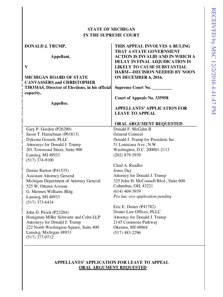Fillable Online courts michigan RECOUNT- Supreme Court Application for ...