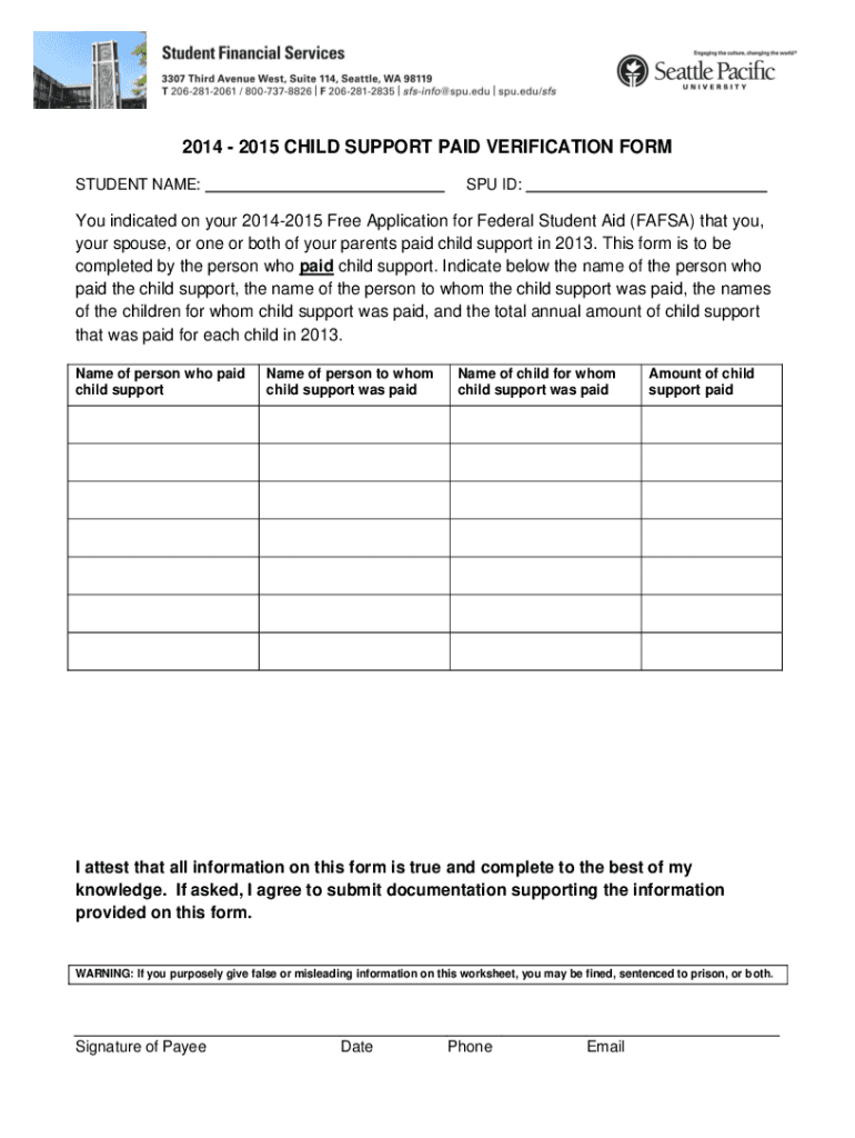 Fillable Online 2014 - 2015 CHILD SUPPORT PAID VERIFICATION FORM Fax ...