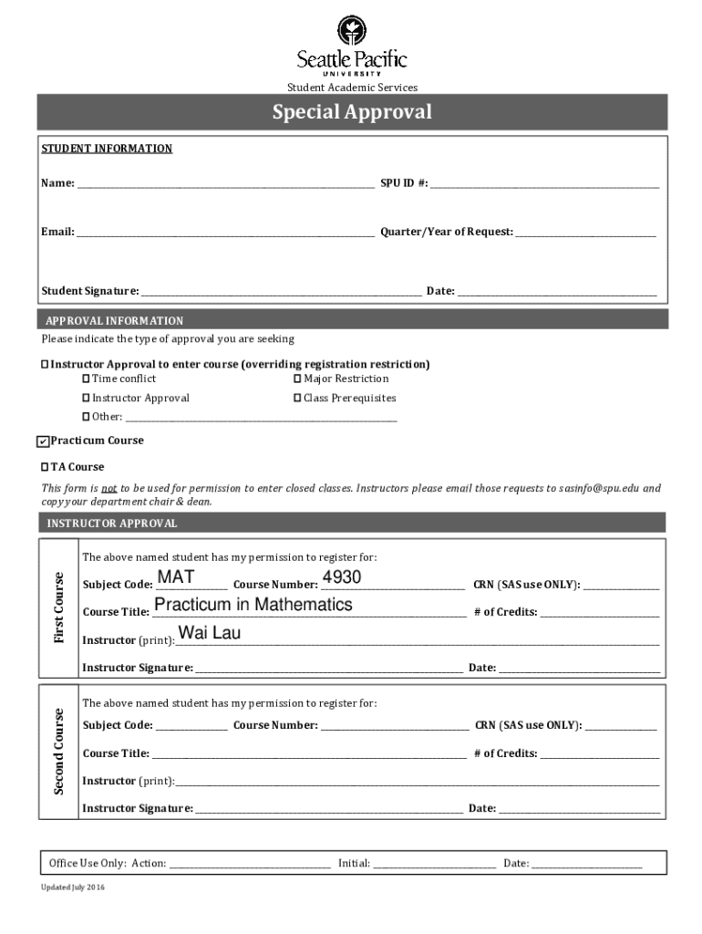 Fillable Online myhome spu Special Approval Fax Email Print - pdfFiller