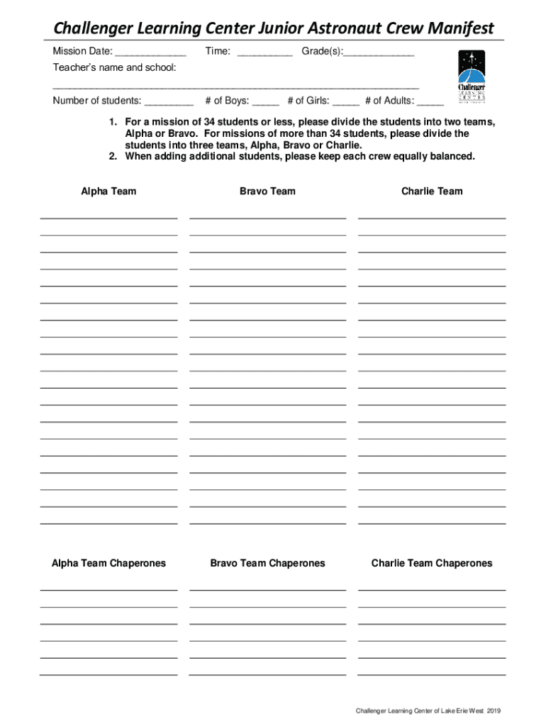 Fillable Online Junior Astronaut Crew Manifest - ESC of Lake Erie West ...
