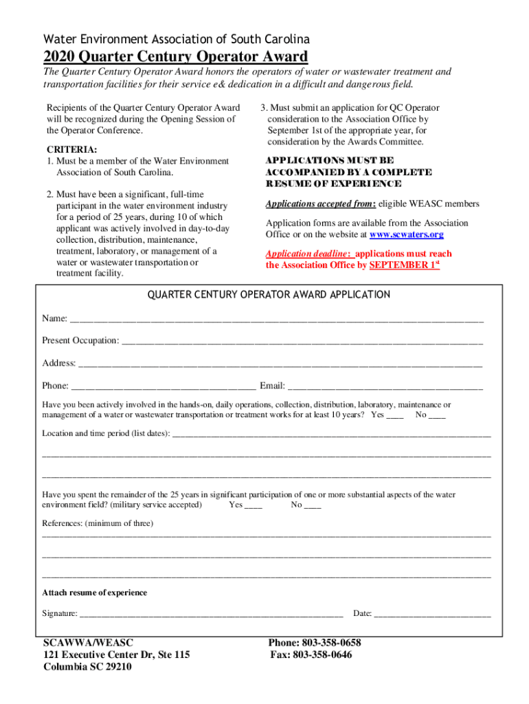 Fillable Online The Quarter Century Operator Award honors the operators ...