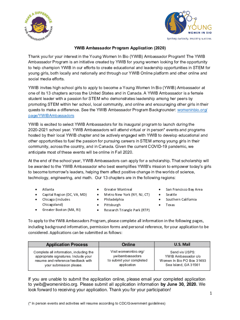 Fillable Online 1 To apply to the YWIB Ambassadors Program, please complete all ... Fax Email ...