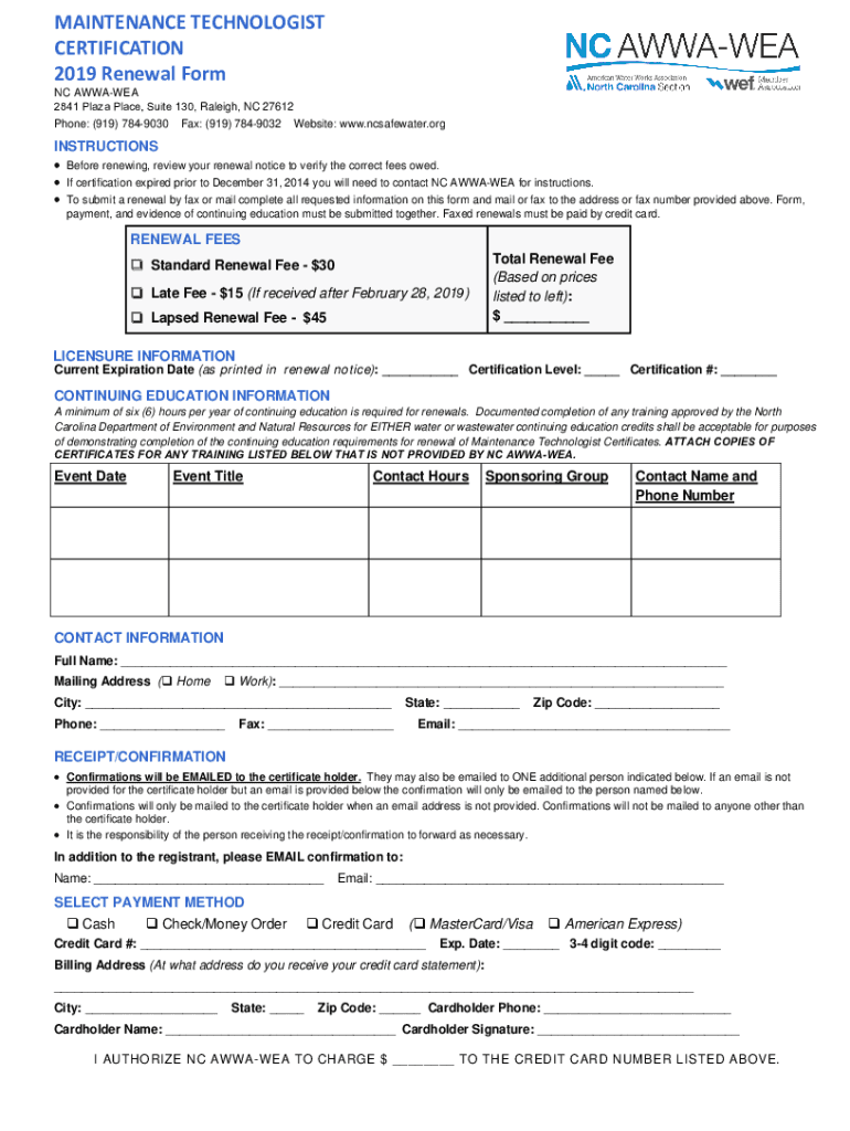 Fillable Online MAINTENANCE TECHNOLOGIST CERTIFICATION Renewal Form Fax ...