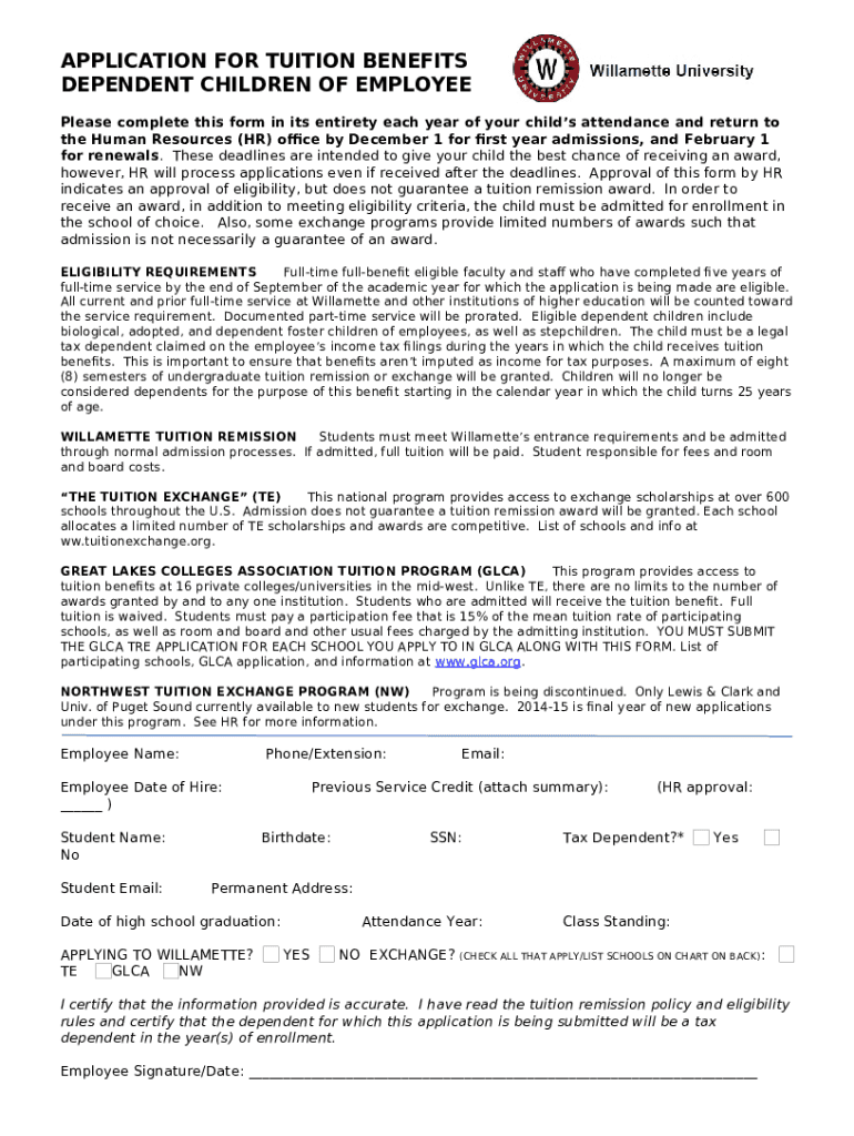 application for tuition benefits dependent children of employee Doc Template | pdfFiller