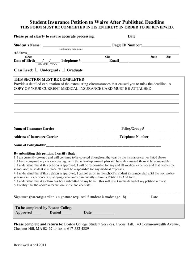 Fillable Online Student Health Insurance Petition to Enroll Form after ...