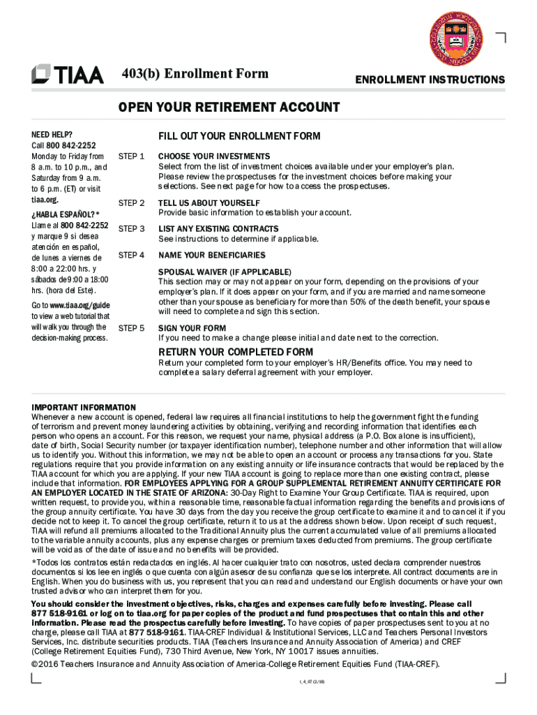 Fillable Online 403(b) Enrollment Form ENROLLMENT INSTRUCTIONS Fax ...