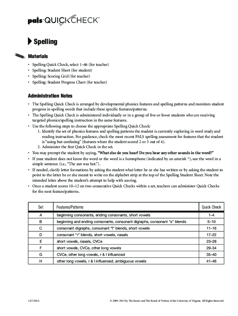 Fillable Online Spelling - PALS - University of Virginia Fax Email ...