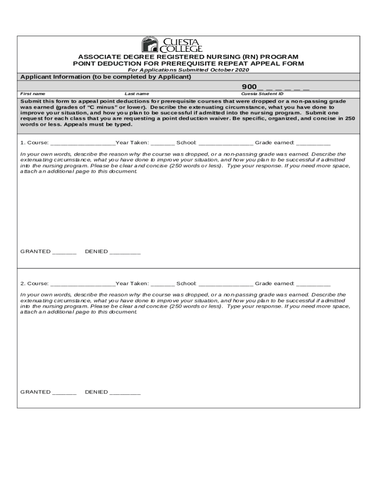 POINT DEDUCTION FOR PREREQUISITE REPEAT APPEAL Doc Template | pdfFiller