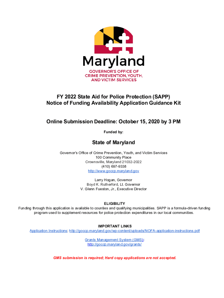 Fillable Online goccp maryland FY 2022 State Aid for Police Protection (SAPP) Notice of Funding ...