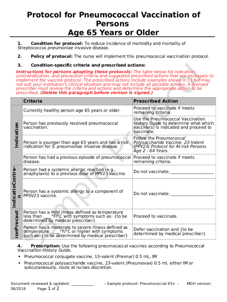 Protocol for Pneumococcal Vaccination of Persons 65 and older ...