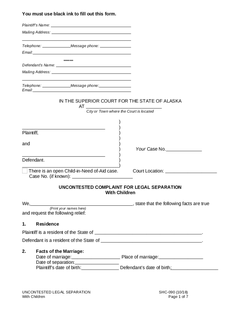 UNCONTESTED COMPLAINT FOR DIVORCE With Child(ren), SHC-110 Doc Template ...