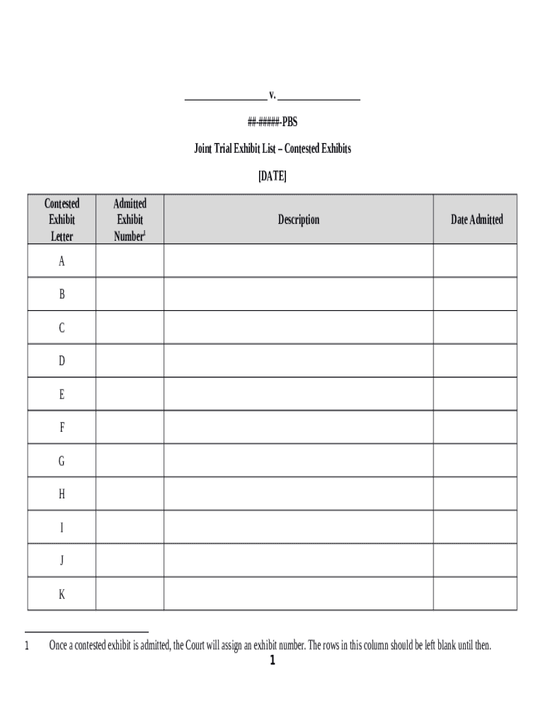 Joint Trial Exhibit List - Contested Exhibits Doc Template | pdfFiller