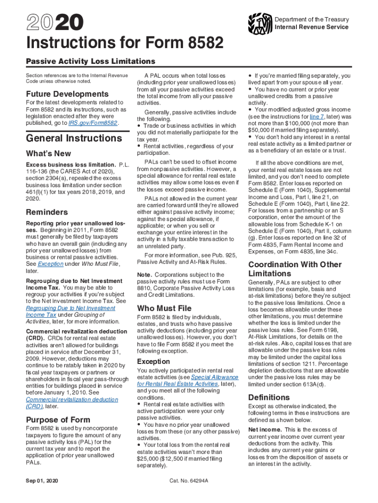 Fillable Online 2020 Form 8582 - Internal Revenue Service Fax Email ...