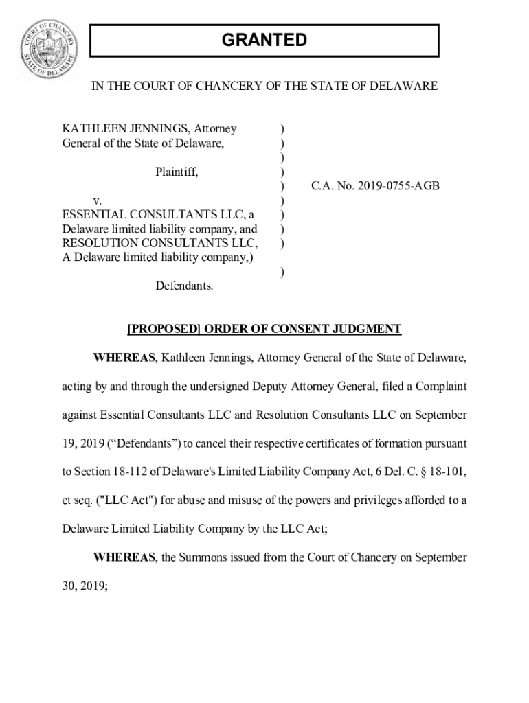 Fillable Online attorneygeneral delaware IN THE COURT OF CHANCERY OF ...