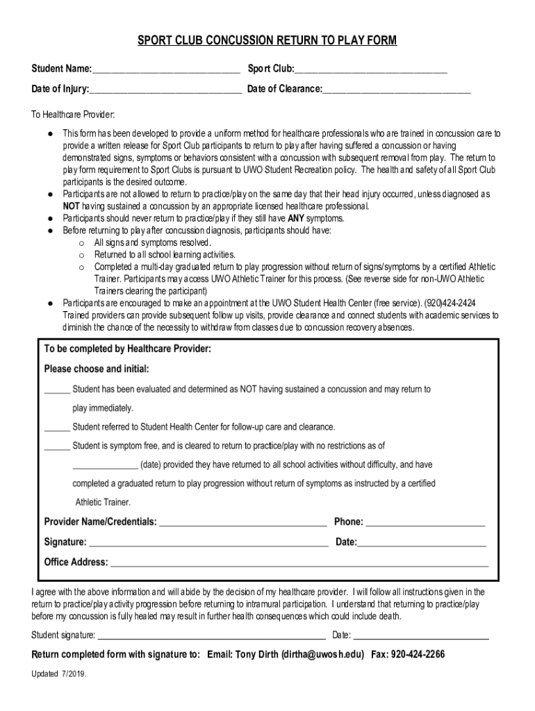 Fillable Online SPORT CLUB CONCUSSION RETURN TO PLAY FORM Fax Email ...