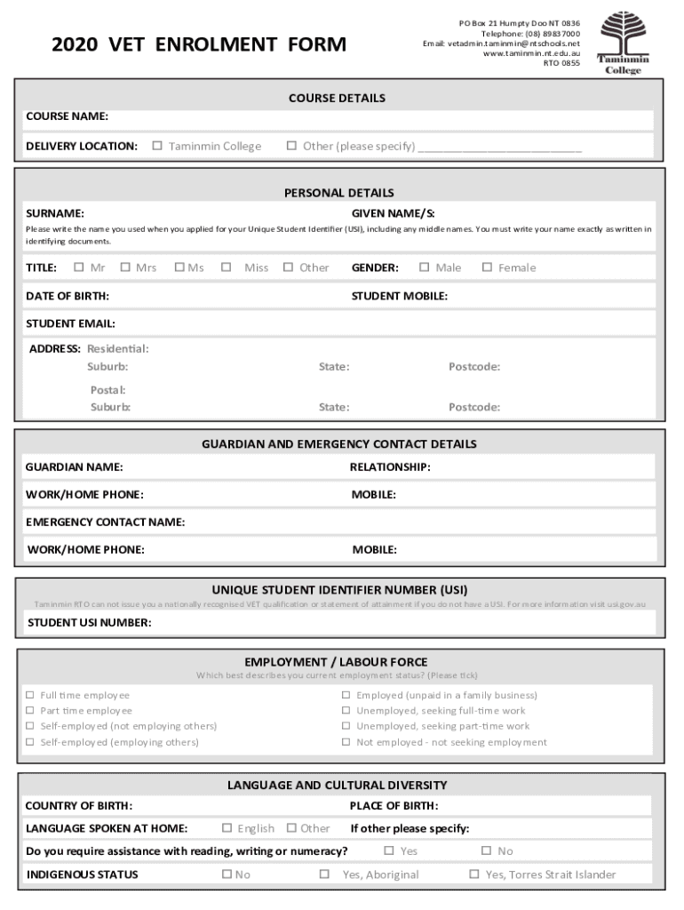 Fillable Online PO ox 21 Humpty Doo NT 0836 2020 VET ENROLMENT FORM Fax ...