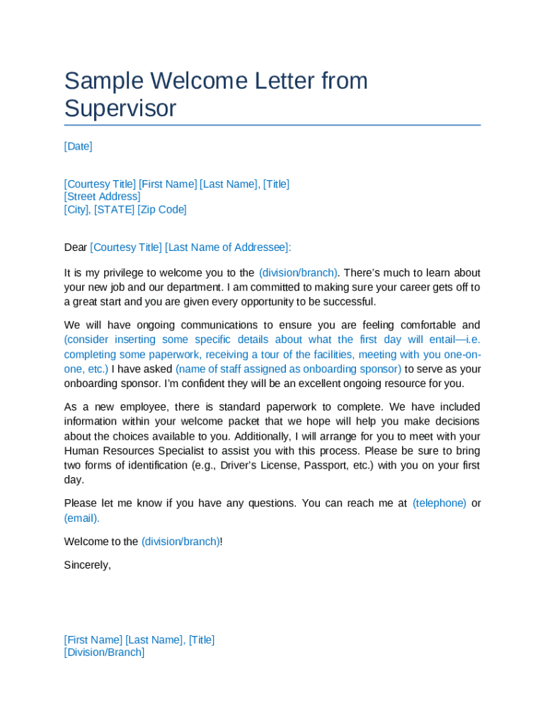 Sample Welcome Letter from Supervisor - CalHR Home Doc Template | pdfFiller