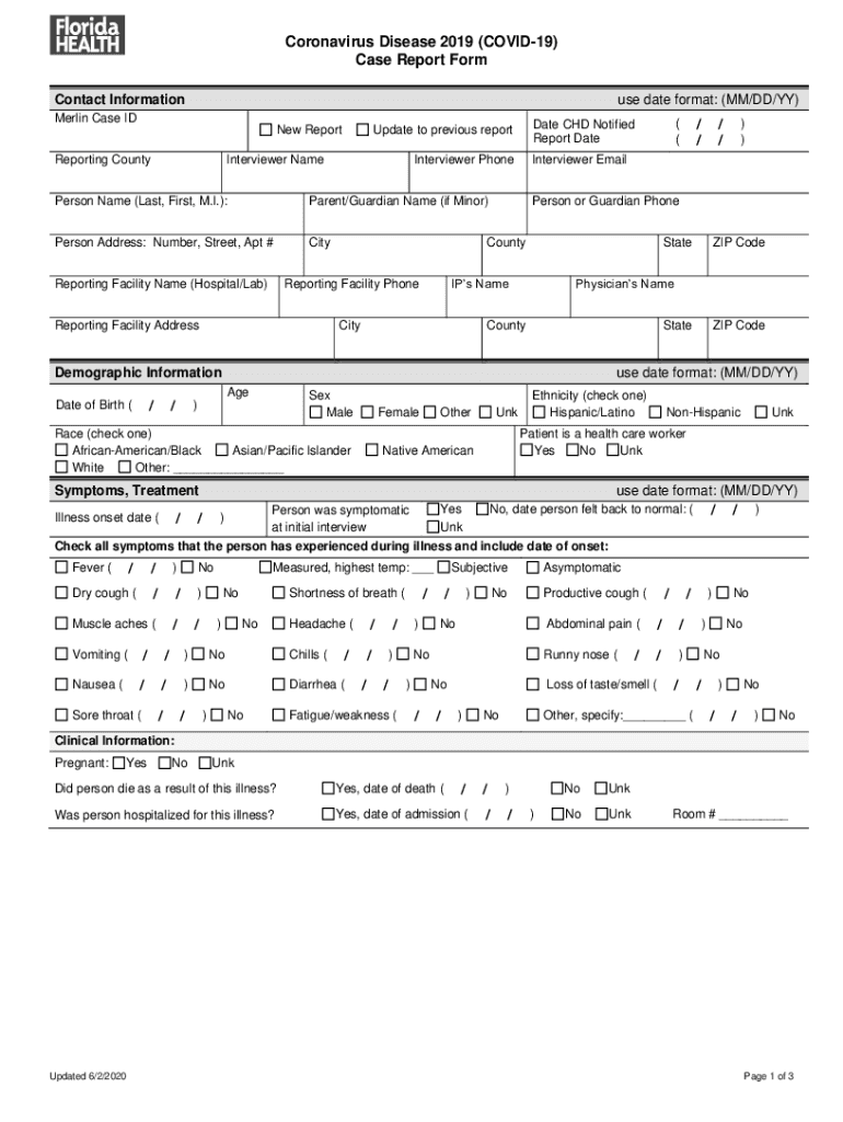Fillable Online Coronavirus Disease 2019 (COVID-19) Case Report Form ...