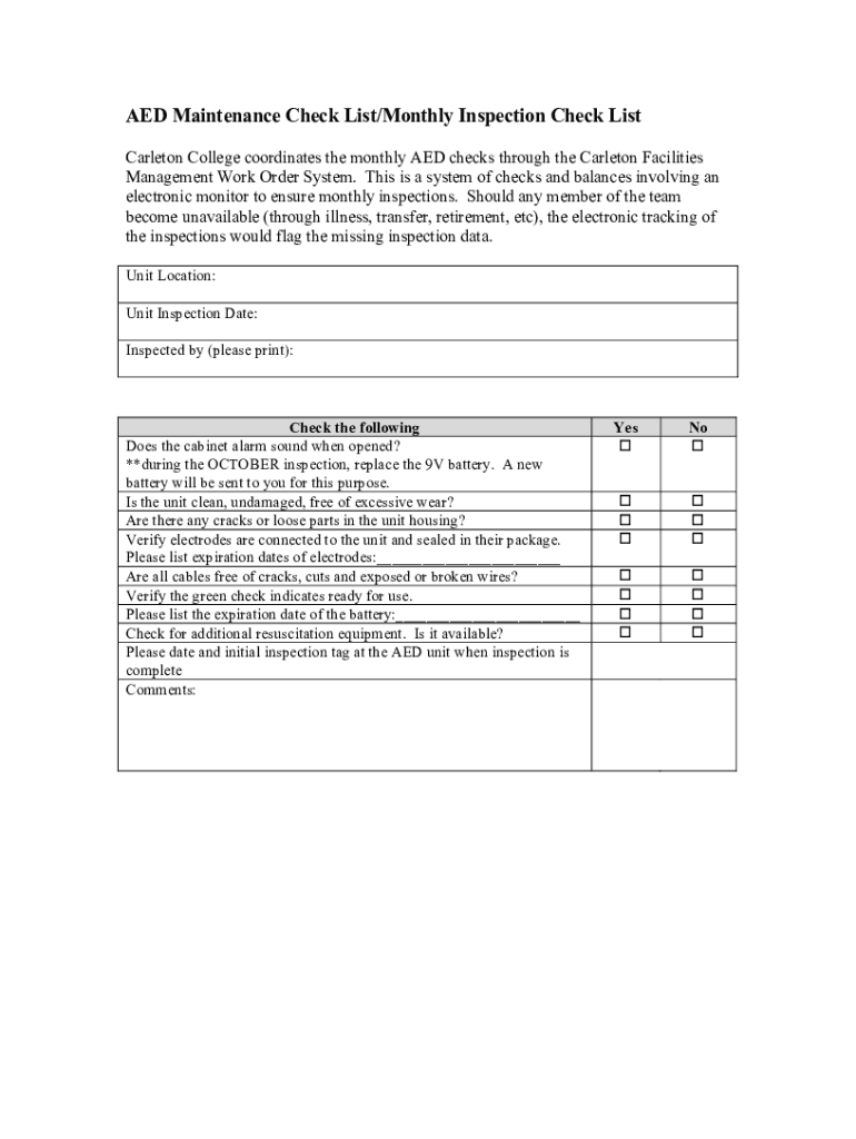 Fillable Online apps carleton AED Maintenance Check List/Monthly ...