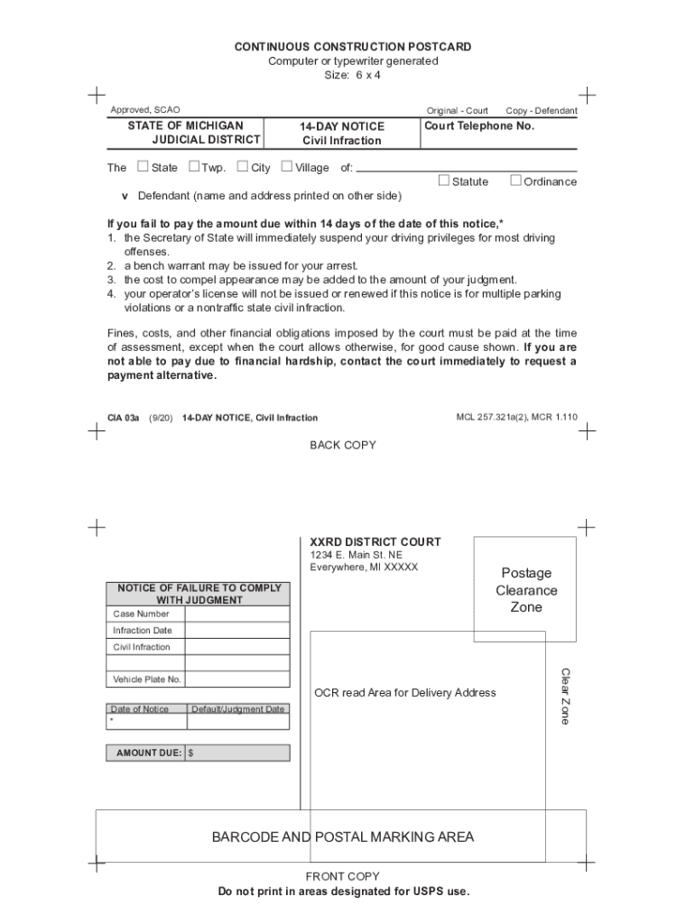 Fillable Online courts michigan NEW FORM* CIA 03a, 14-Day Notice Civil ...