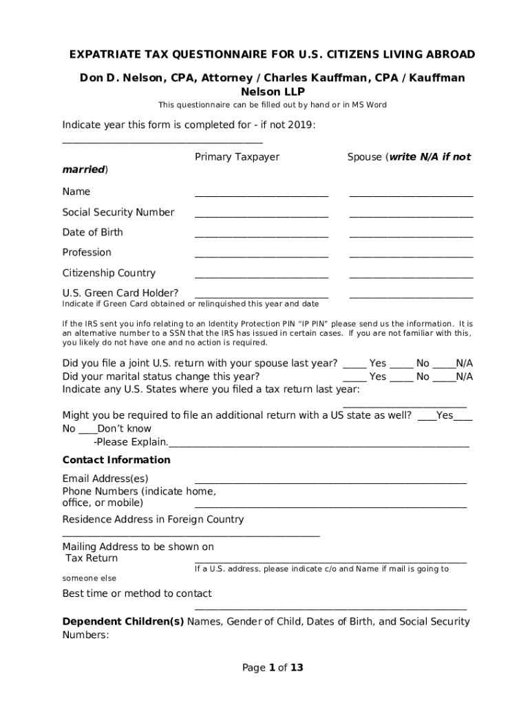 expat tax questionnaire - Expatriate Tax Return Questionnaire Doc ...