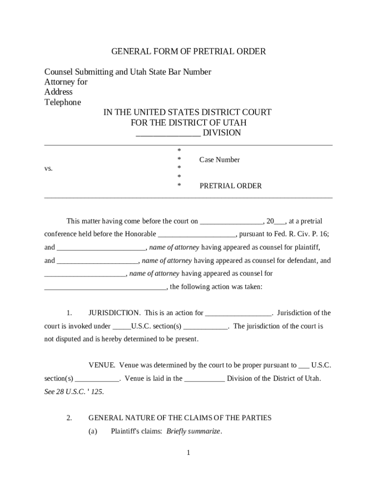 GENERAL OF PRETRIAL ORDER IN THE UNITED STATES ... Doc Template | pdfFiller